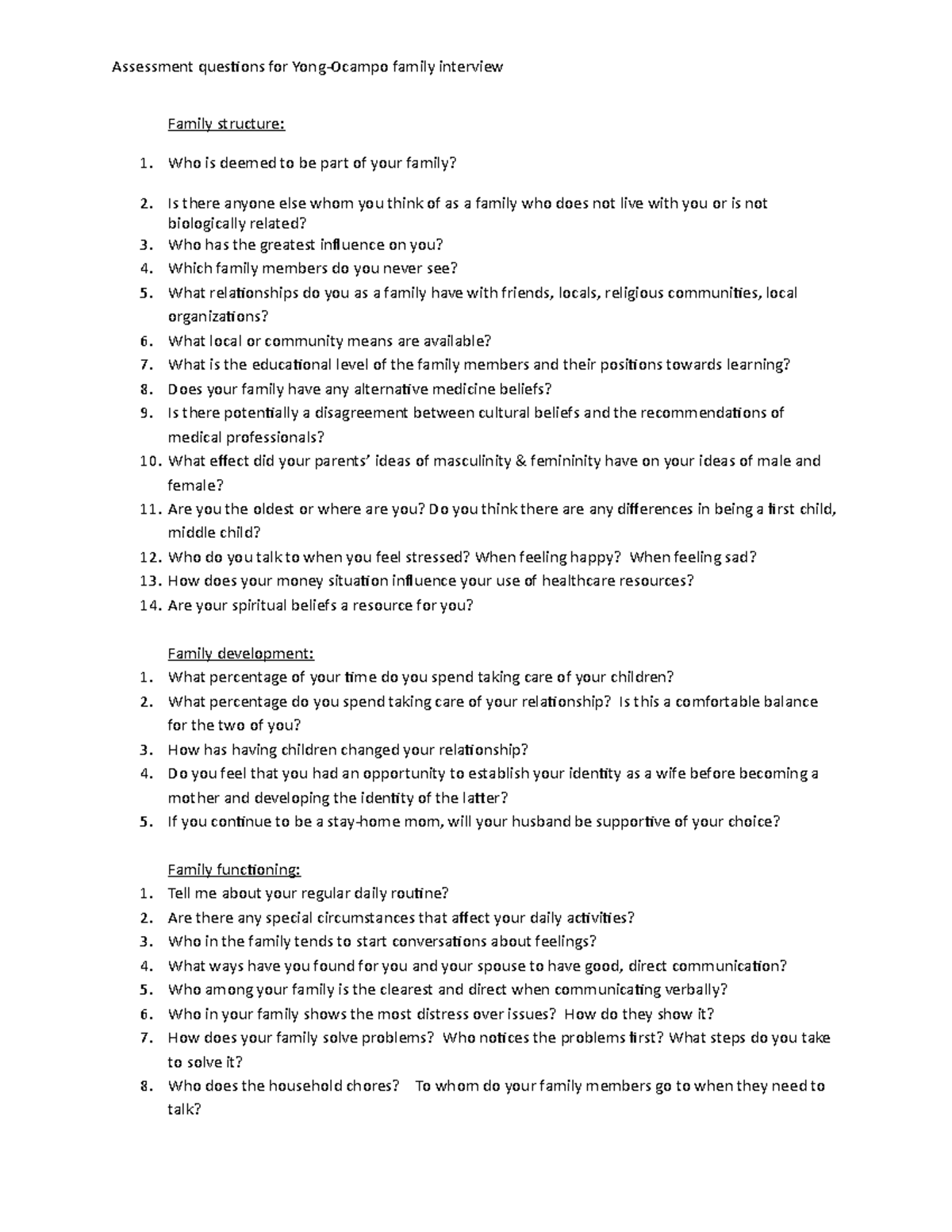Yong-Ocampo Family Assessment Interview Questions for Evaluation - Studocu