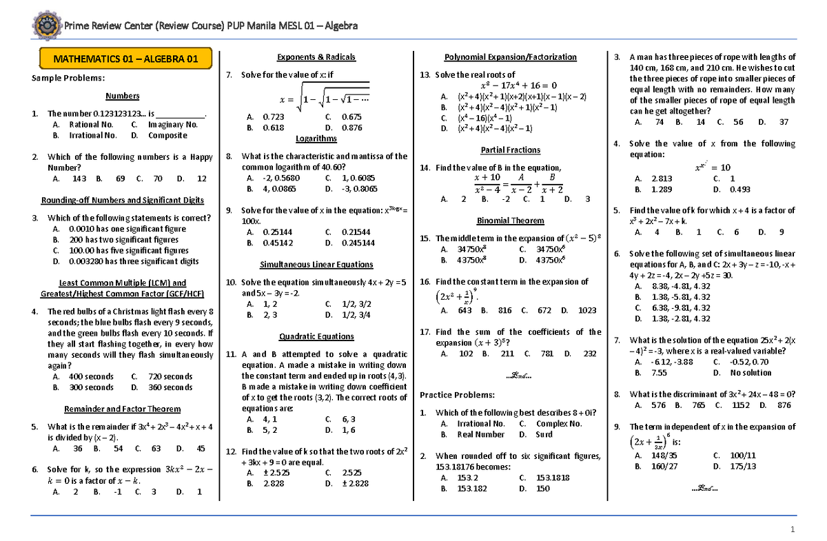 Mathematics 01 - Algebra 1 Sample Problems and Practice Exercises - Studocu