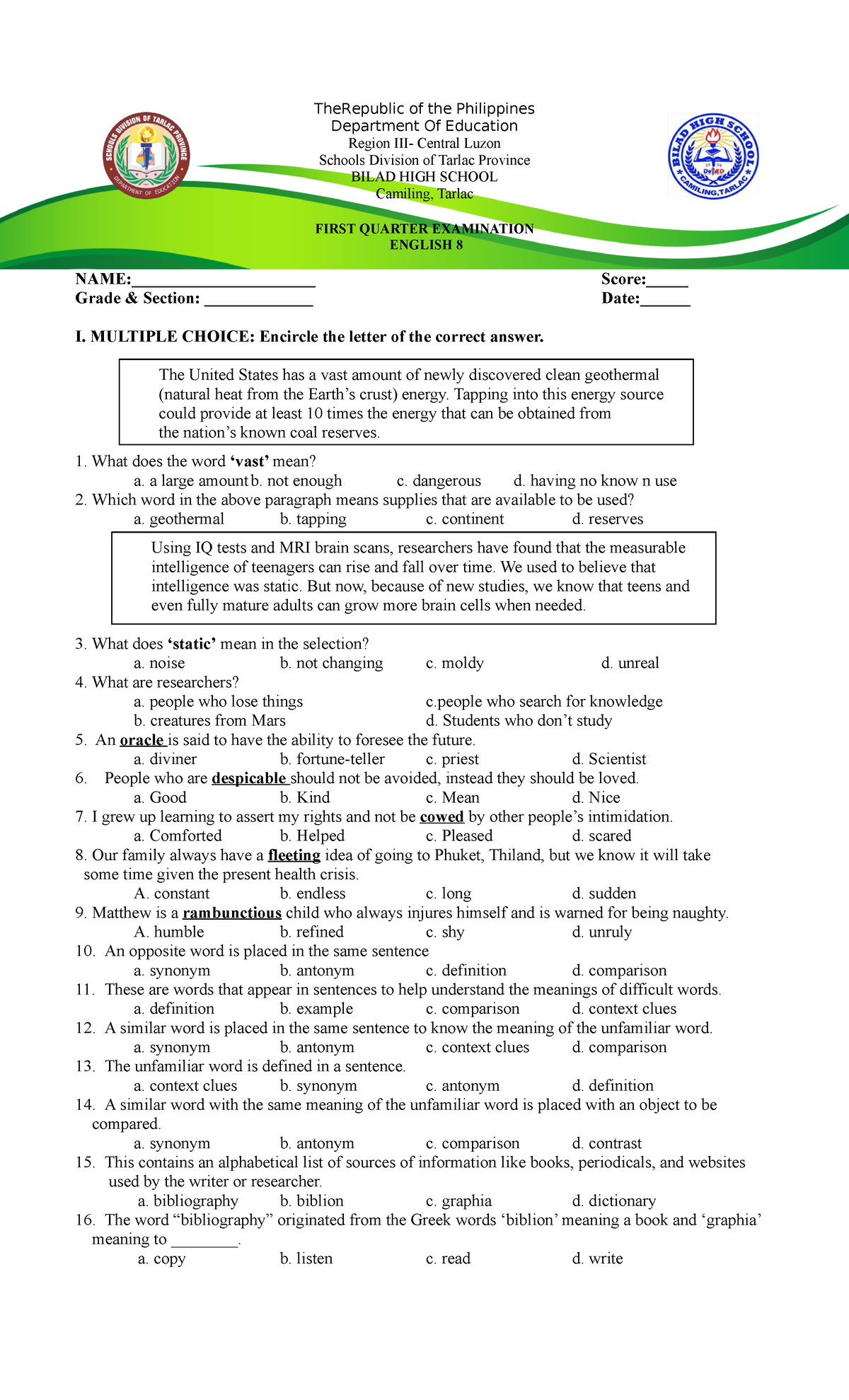 Grade 8 English - 1st Quarter Exam Review and Practice Questions - Studocu