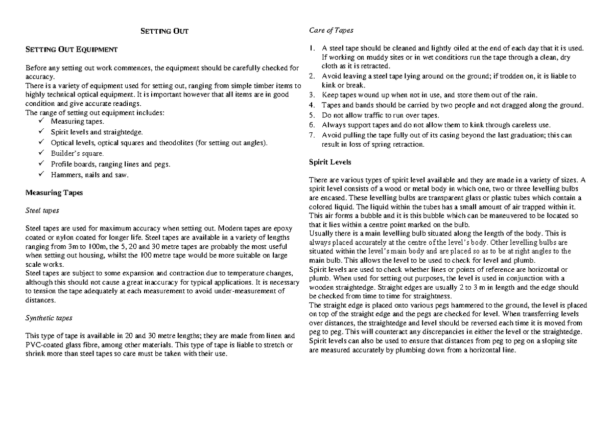 LECTURE NOTES ON SETTING OUT EQUIPMENT AND TECHNIQUES - Studocu