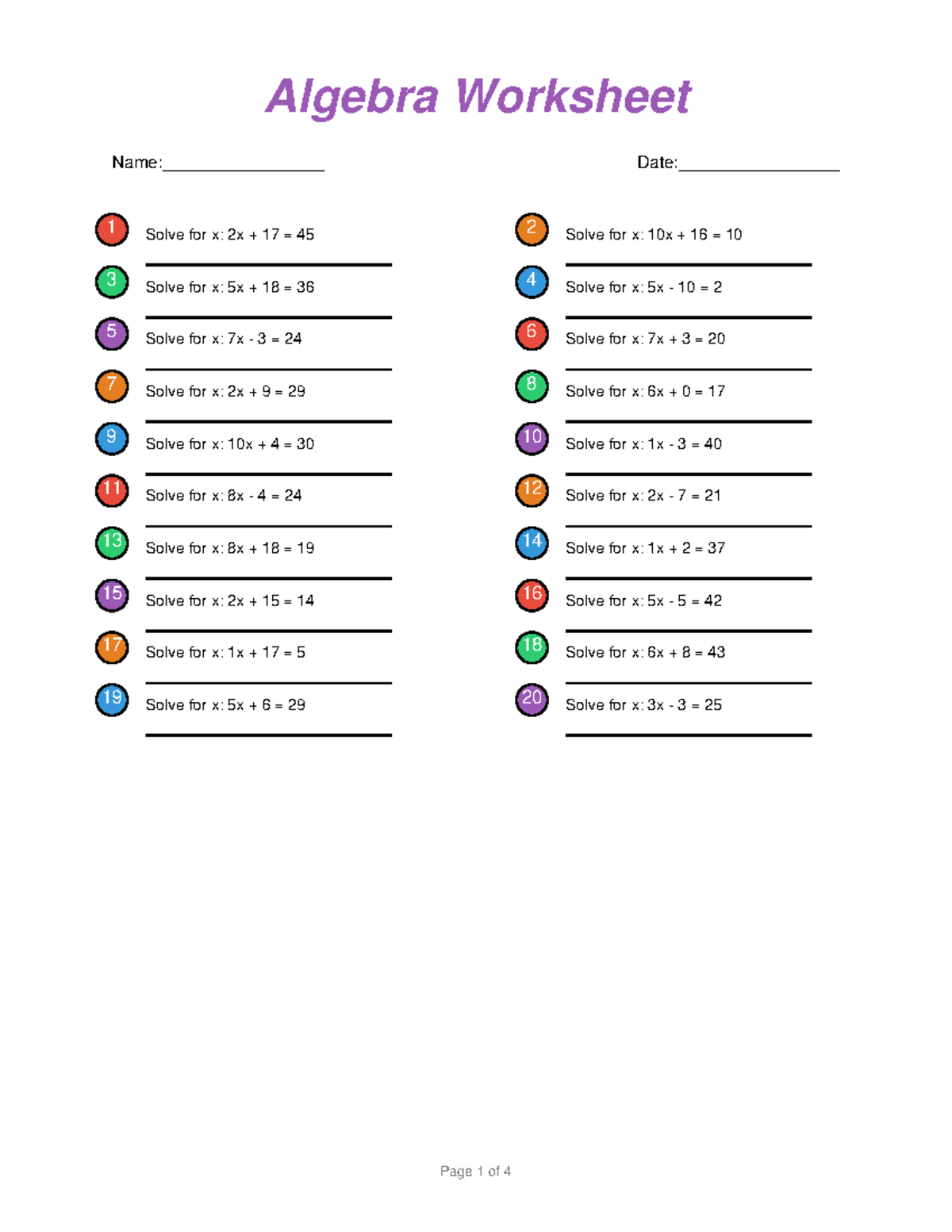 Algebra Worksheet 1: Solve for x - Practice Problems for ALGEBRA - Studocu