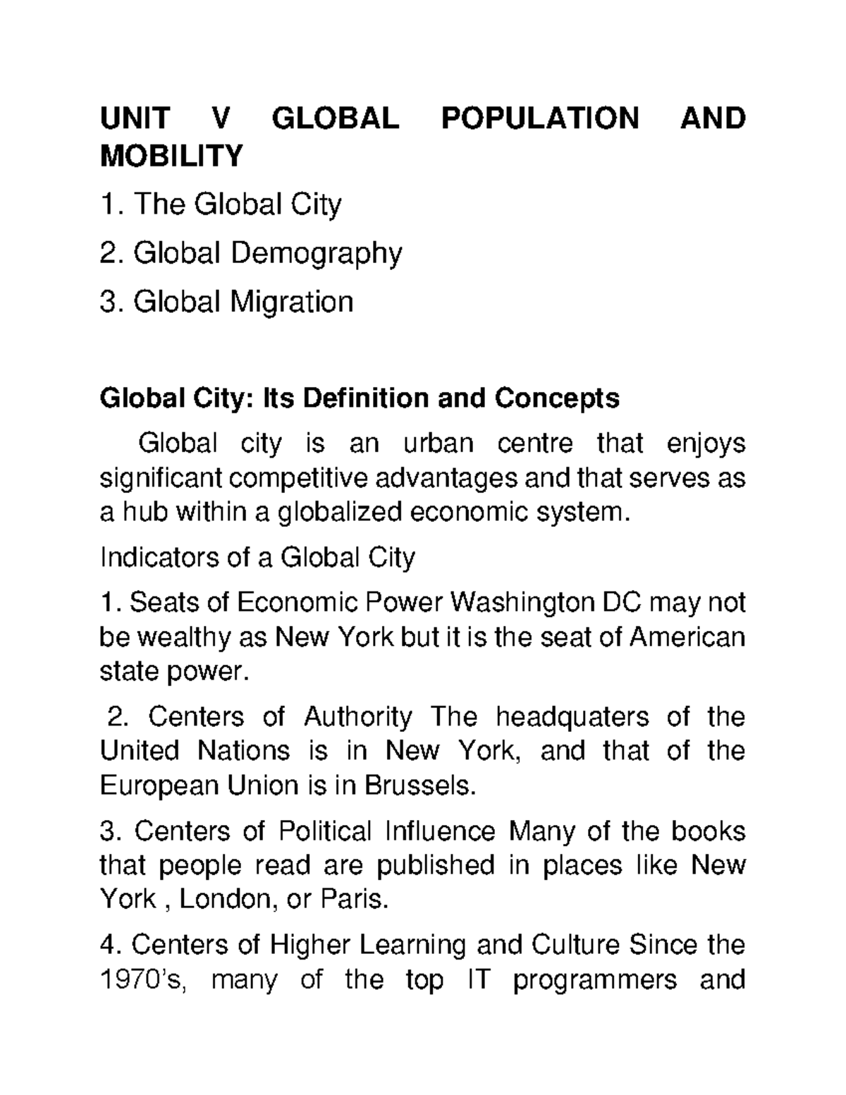 UNIT V Global Population AND Mobility - UNIT V GLOBAL POPULATION AND ...