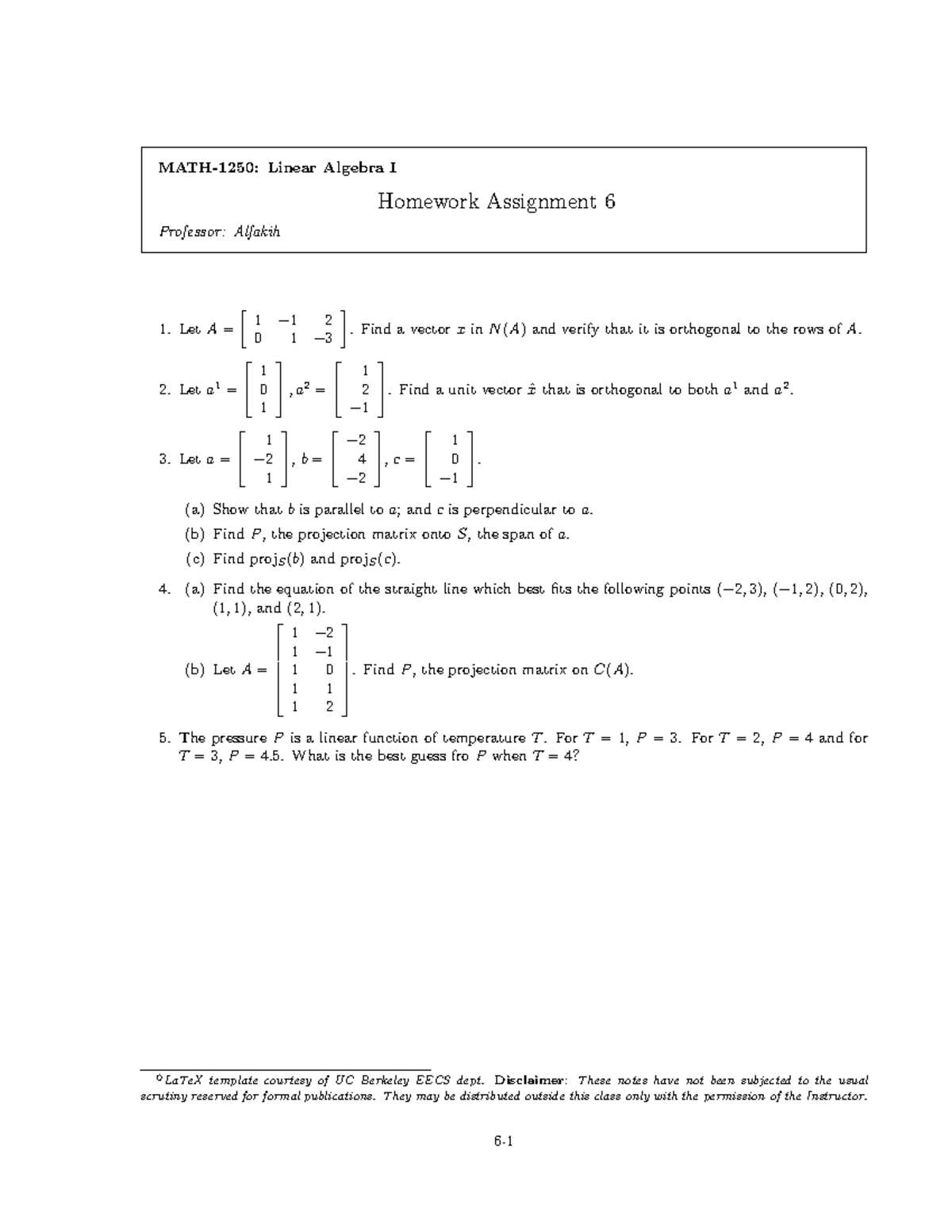 Linear Algebra I Homework Assignment 6: Vector Orthogonality and ...