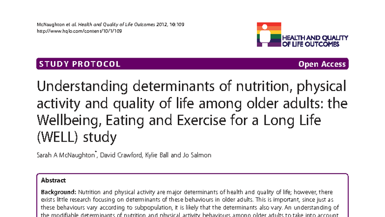 WELL Study Protocol: Nutrition, Physical Activity & Quality of Life in ...