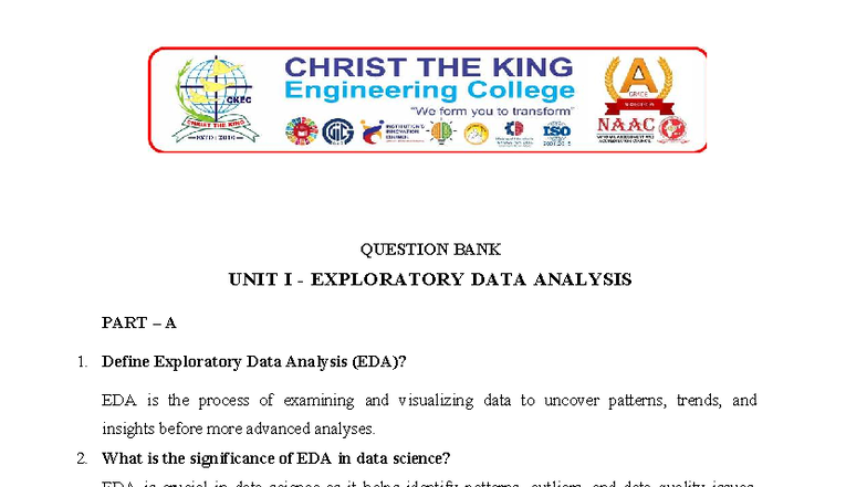 Data Exploration and Visualization - AD3301 - EDA Unit 1 Q&A - Studocu