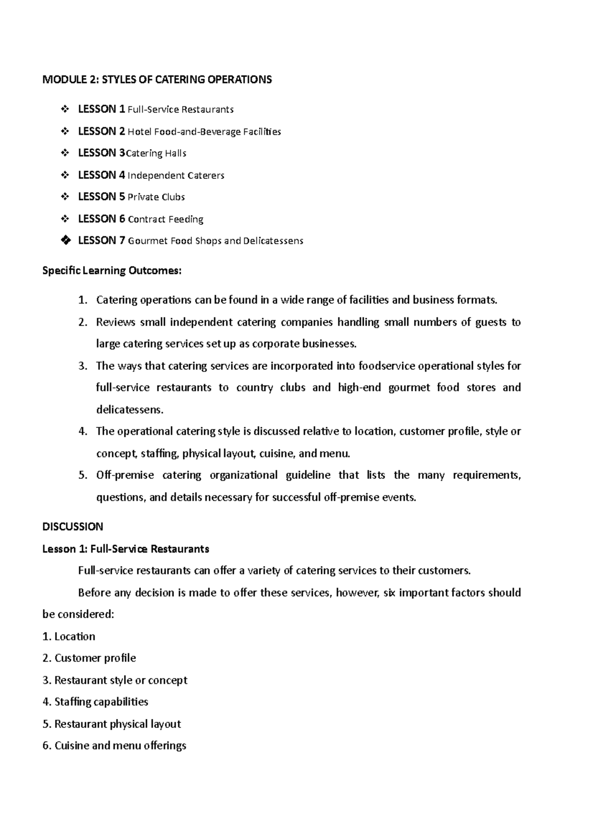 Catering Operations: An In-depth Study of Module 2 Styles - Studocu