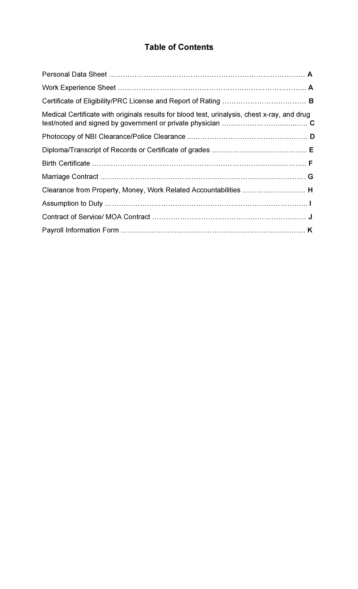 Table of Contents- documents - Table of Contents Personal Data Sheet ...