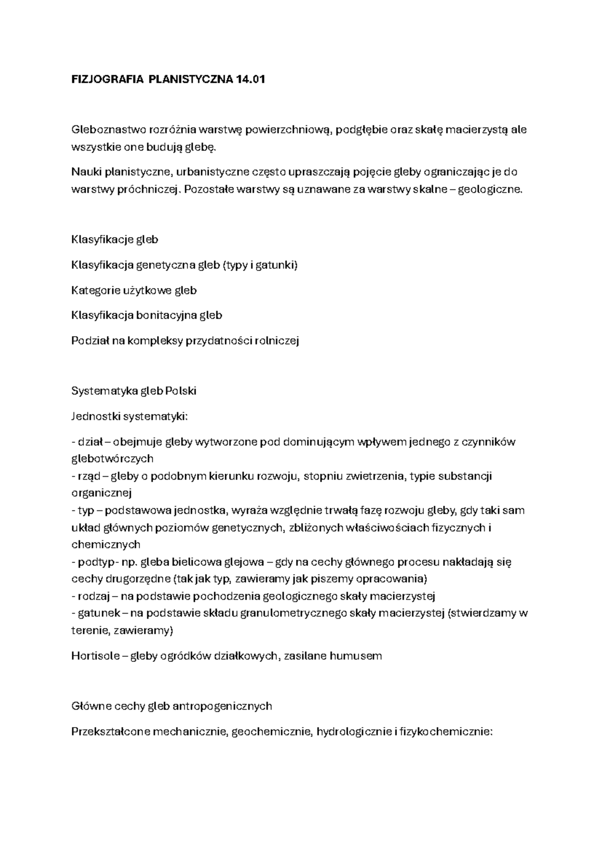 Fizjografia 14.01: Klasyfikacja i Właściwości Gleb w Polsce - Studocu