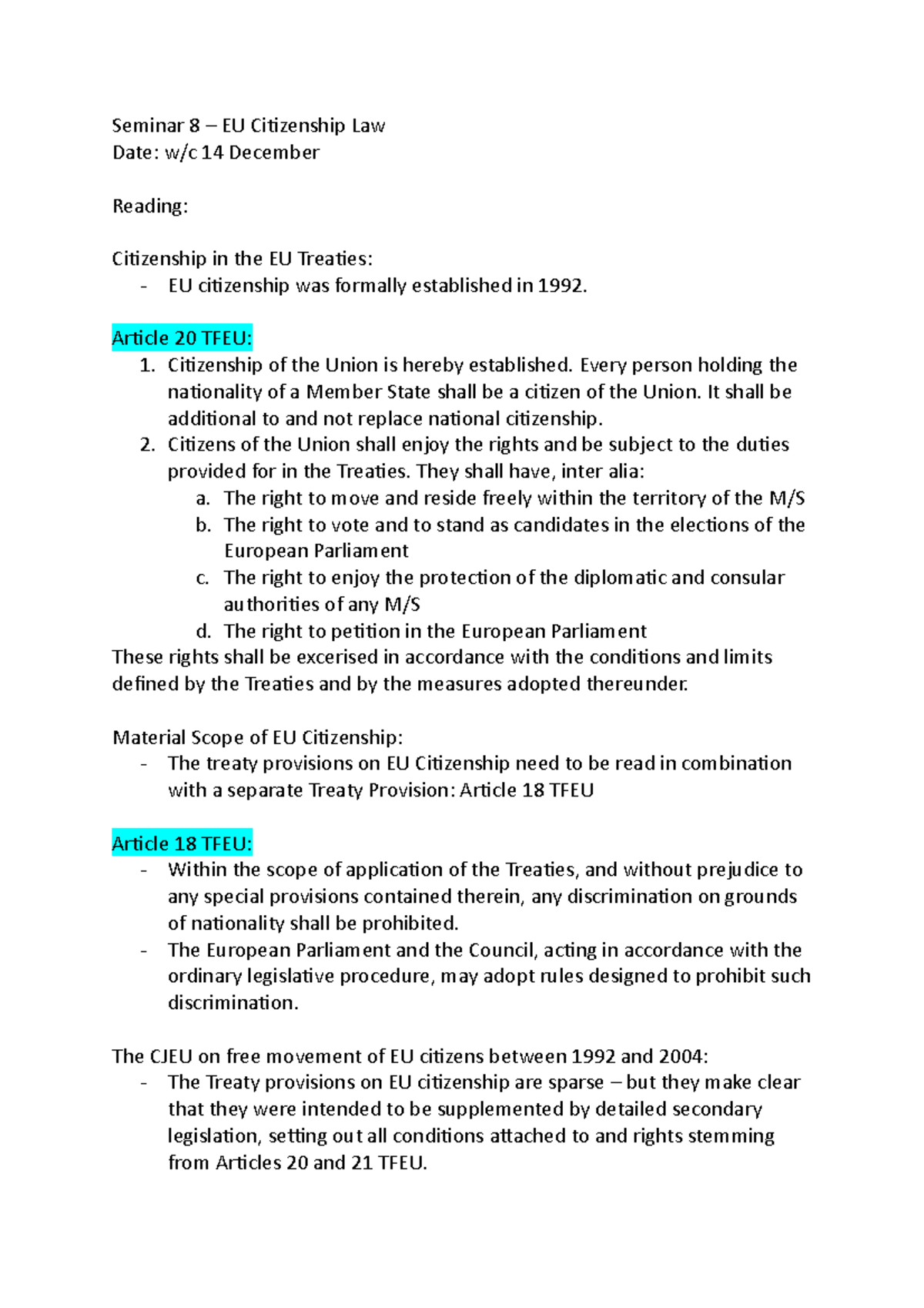 Seminar Notes on EU Citizenship Law - Week of 14 Dec - Studocu