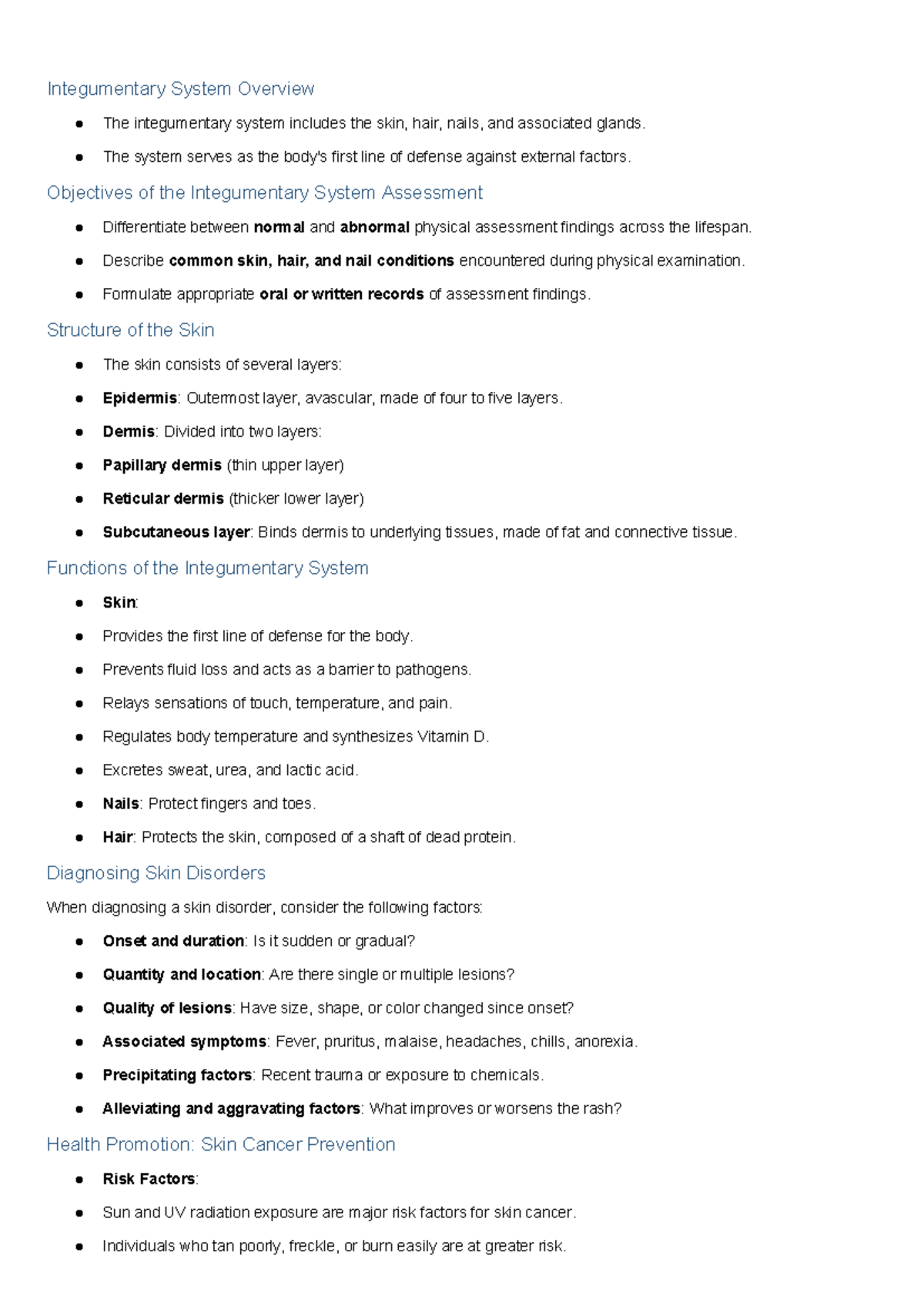 Integumentary System Overview: Key Concepts and Assessments - Studocu