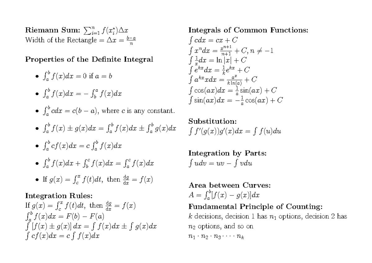 Math 1507 cheat sheet: Final exam on Riemann sums and integrals - Studocu