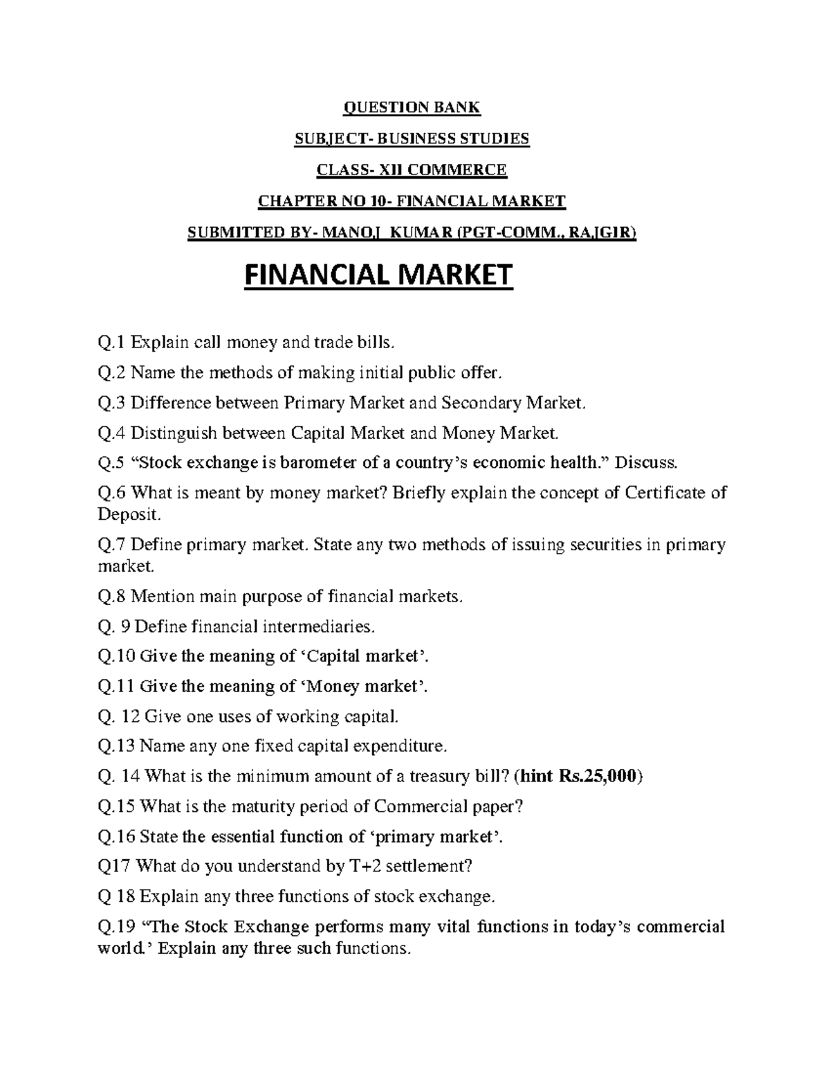 Business Studies XII Commerce: Financial Market Question Bank - Studocu