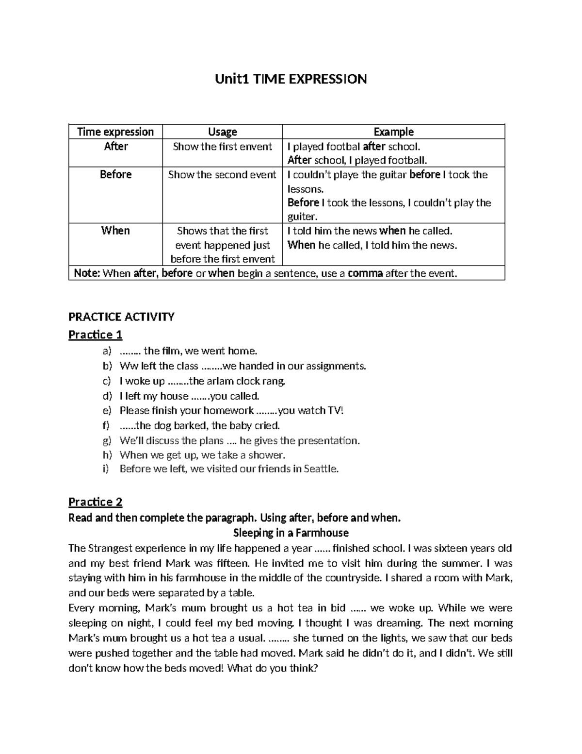 Unit 1: Time Expression Overview and Practice Exercises - Studocu