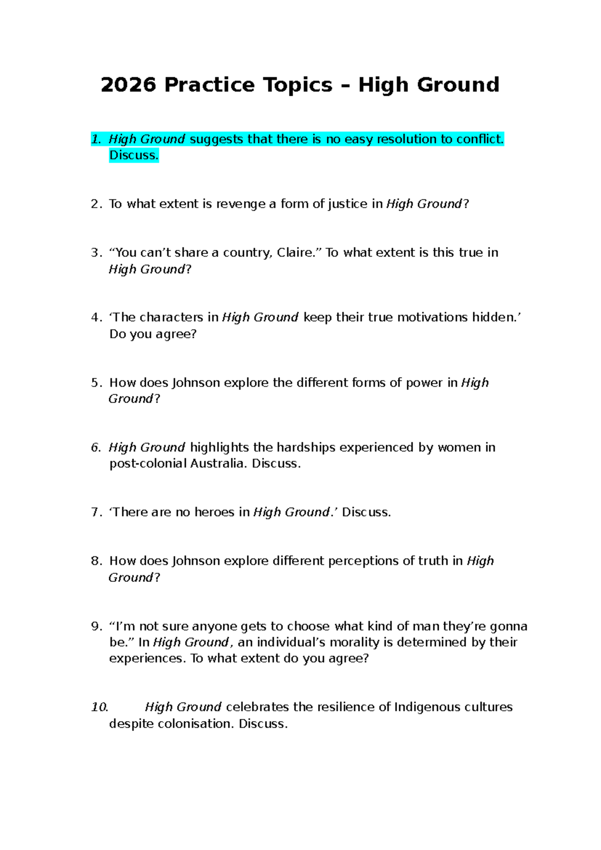 Practice Topics for High Ground Analysis and Discussion - Studocu