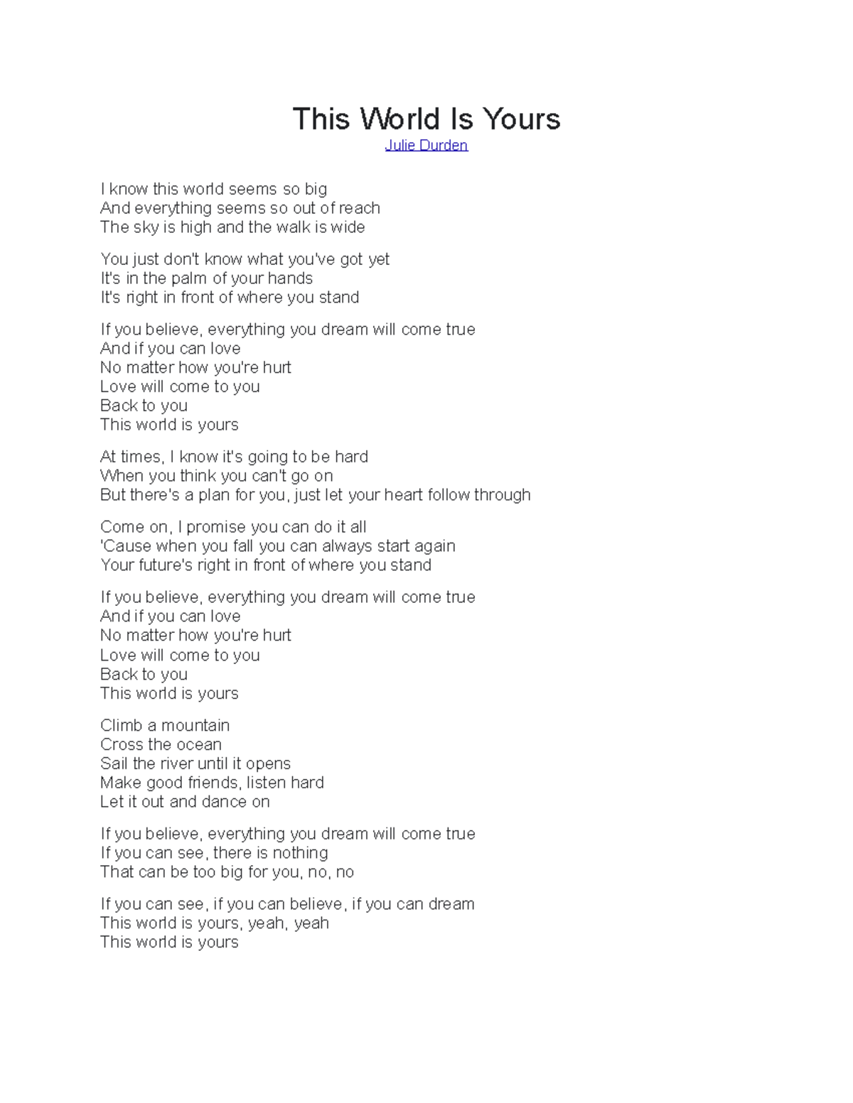 Graduationg SONG Lyrics-printable - This World Is Yours Julie Durden I ...