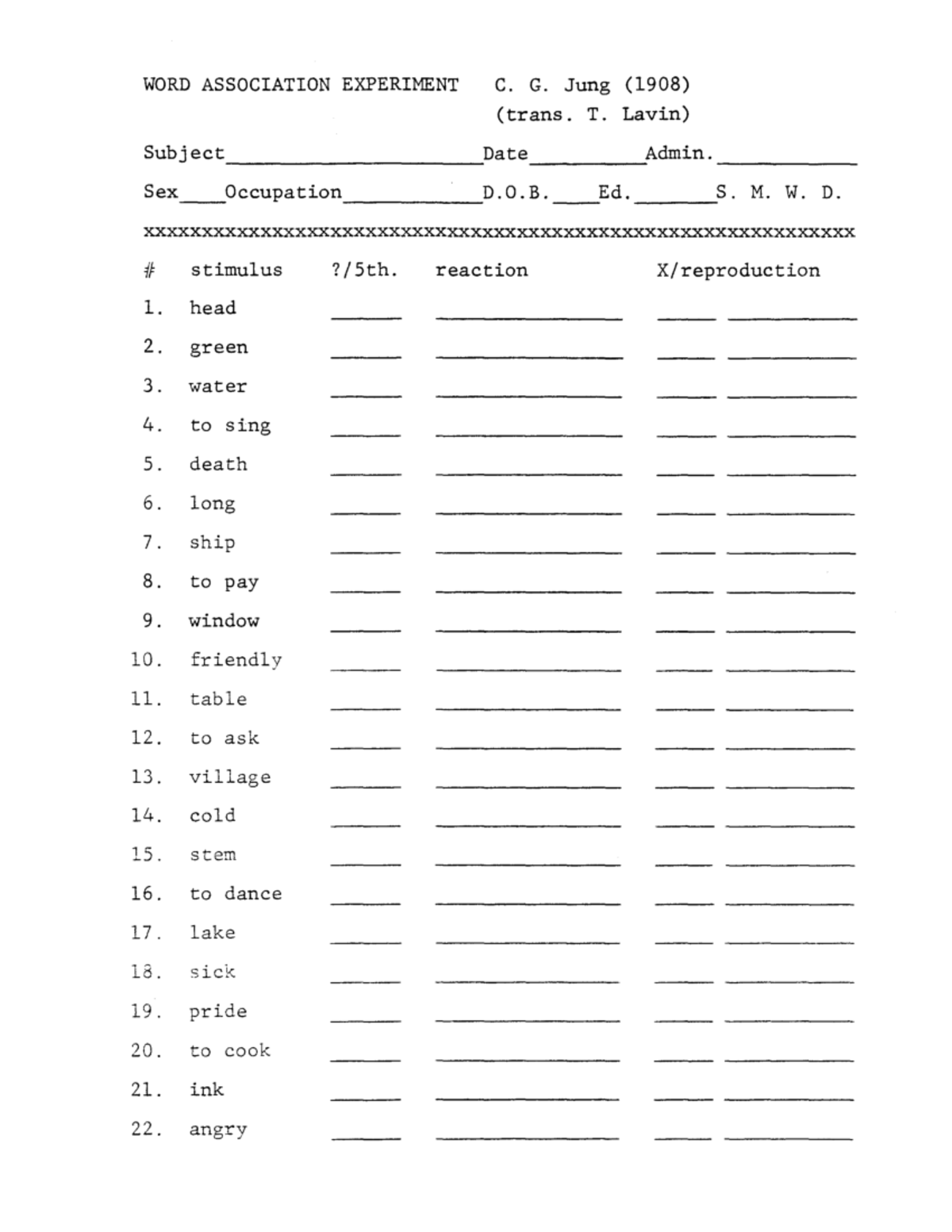 Word Association Test - WORD ASSOCIATION EXPERIMENT C. G. Jung (1908 ...
