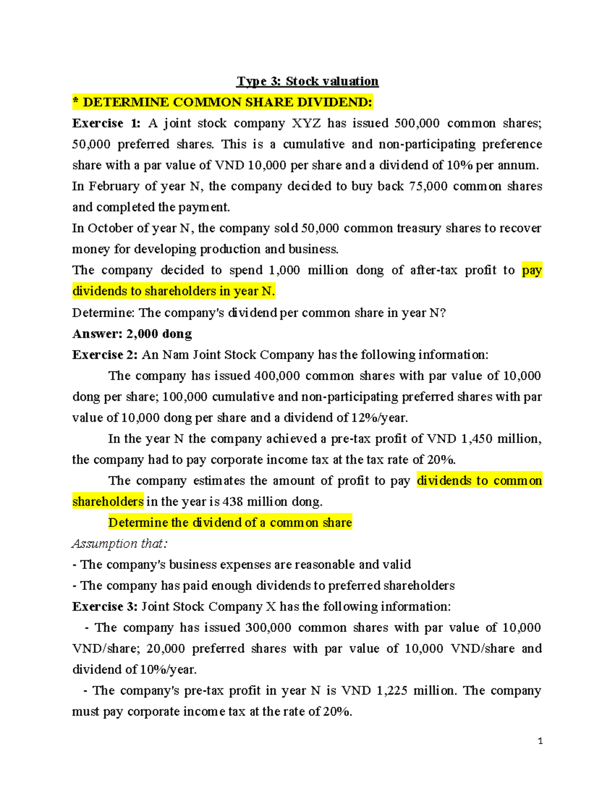 Type 3: Stock Valuation Exercises for Common Share Dividends - Studocu