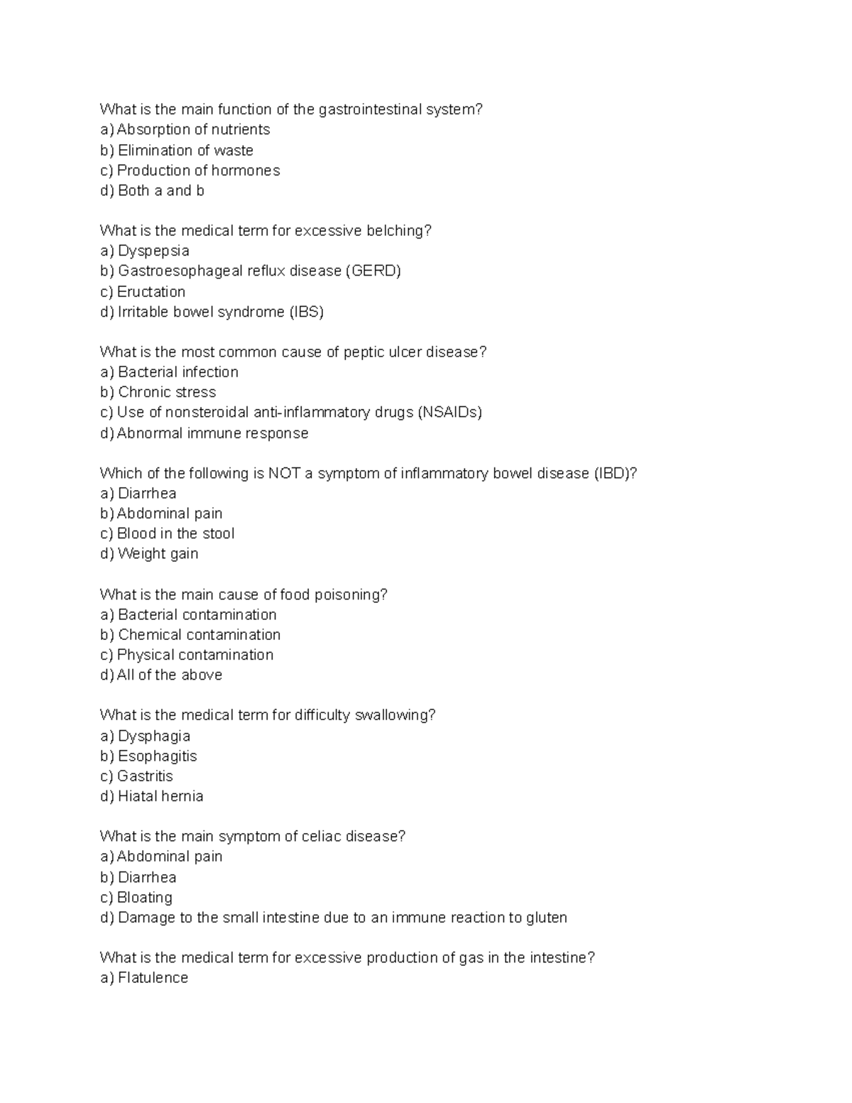 Gastrointestinal Disorders Quiz: Key Concepts and Questions - Studocu