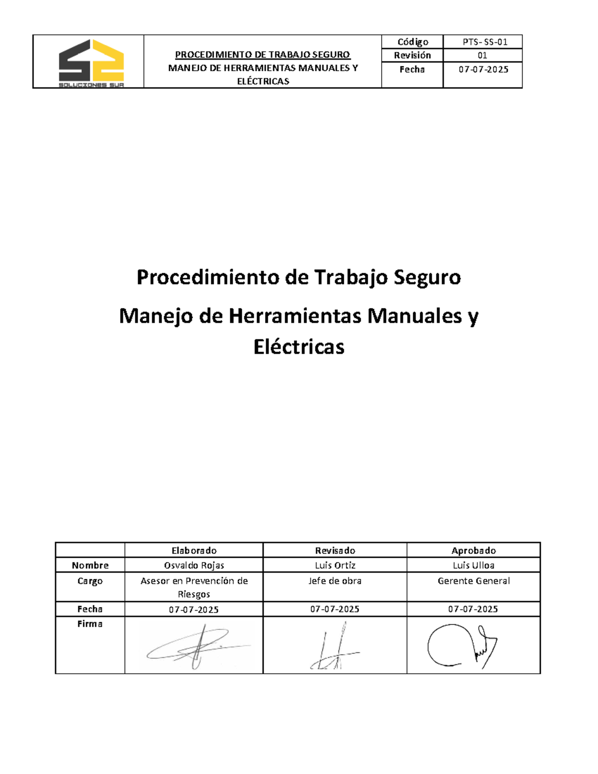 PTS - Procedimiento de Trabajo Seguro: Herramientas Manuales y ...