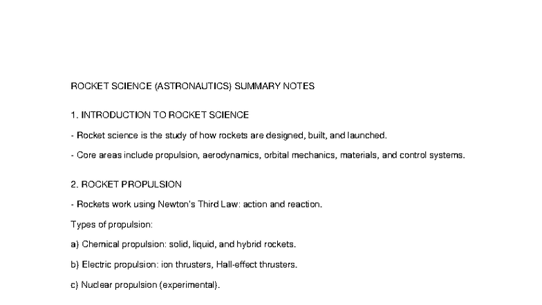 ASTR 101: Rocket Science Summary Notes and Key Concepts - Studocu