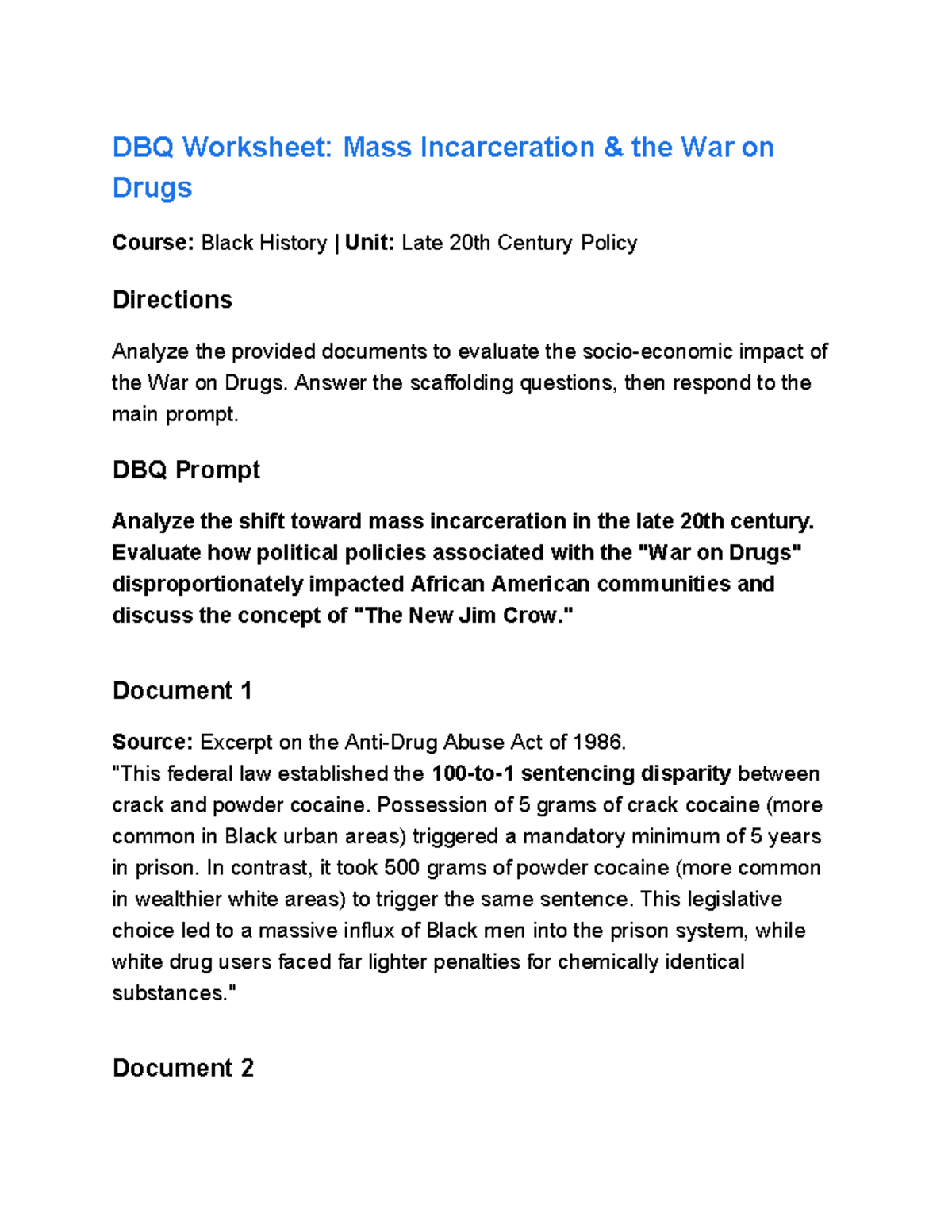 DBQ: Mass Incarceration & the War on Drugs - Black History - Studocu