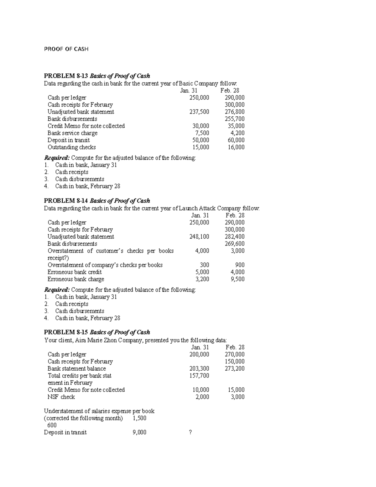 Proof of Cash Workbook: Problems 8-13 to 8-16 Analysis - Studocu