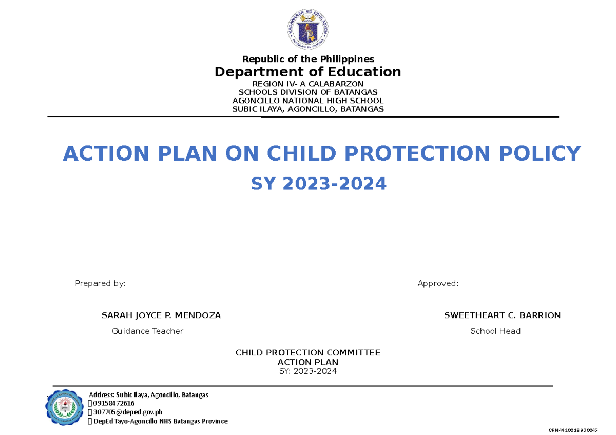 Action Plan for Child Protection Policy in CPP SY 2023-2024 - Studocu