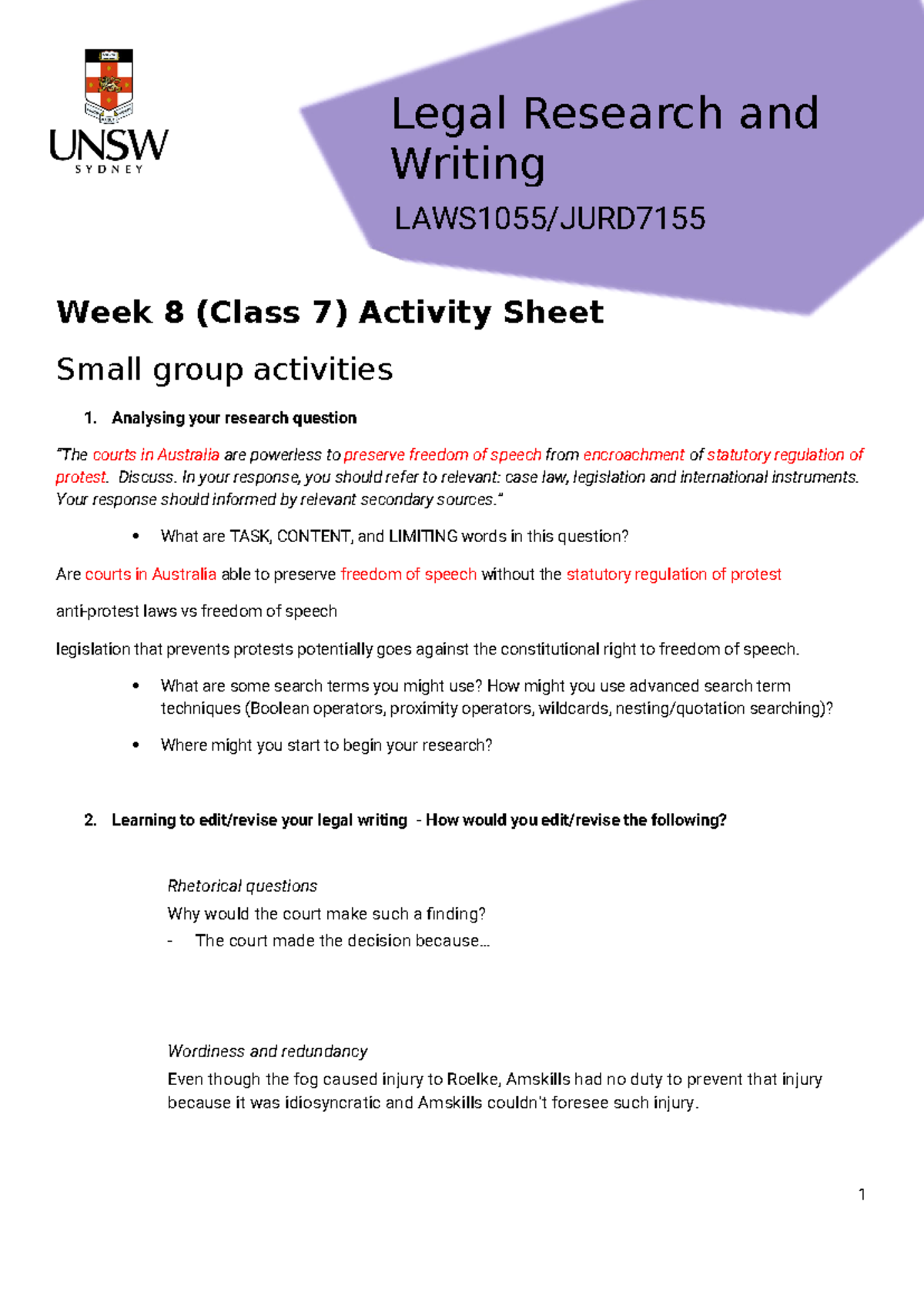 LRW - Week 8 (Class 7) - activity sheet - Legal Research and Writing LAWS1055/JURD Week 8 (Class ...