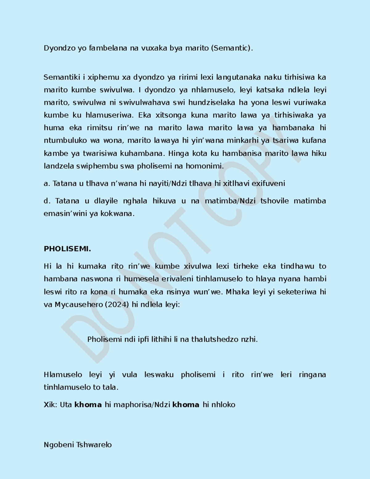 Semantiki: Dyondzo ya Vuxaka na Marito - Xitsonga 2024 - Studocu