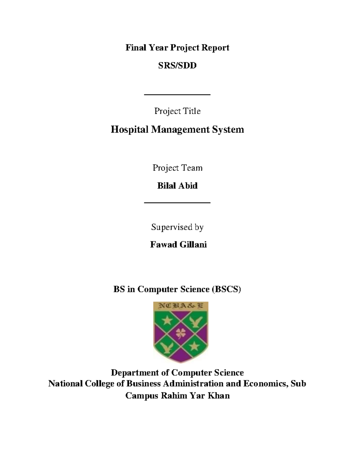 Hospital Management System (HMS) SRS/SDD Final Year Project Report - Studocu