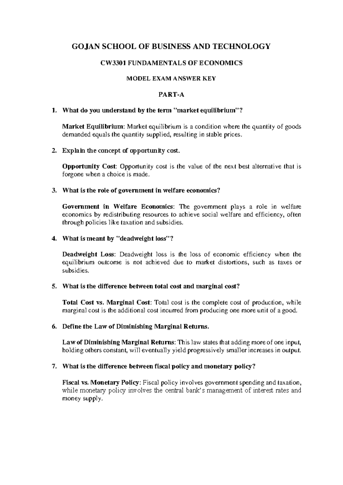 CW3301 Fundamentals of Economics Model Exam Answer Key - Studocu