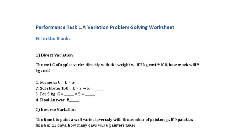 Variation Problem Solving Worksheet - Performance Task 1.A - Studocu