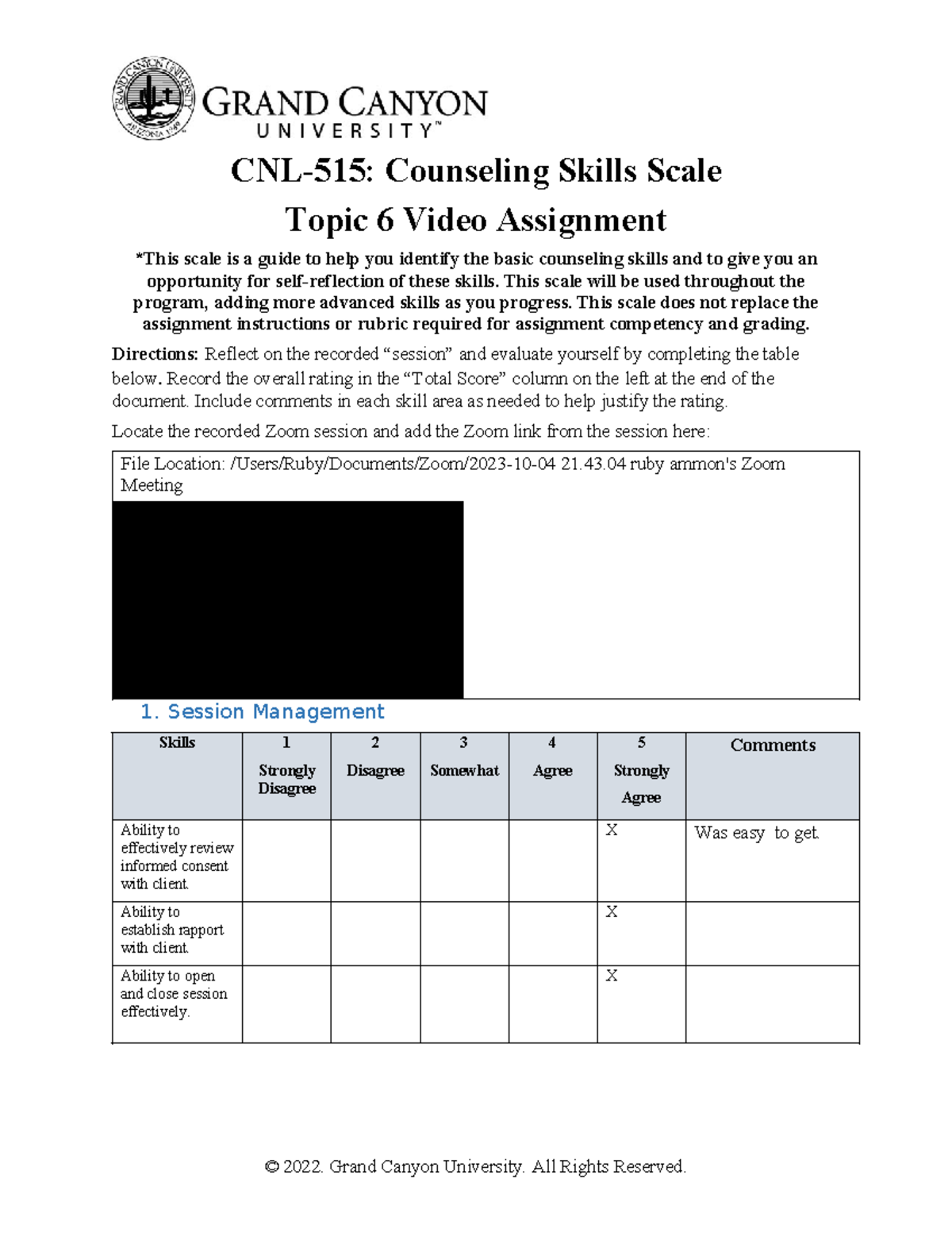 CNL-515 Counseling Skills Scale Video Assignment Reflection - Studocu