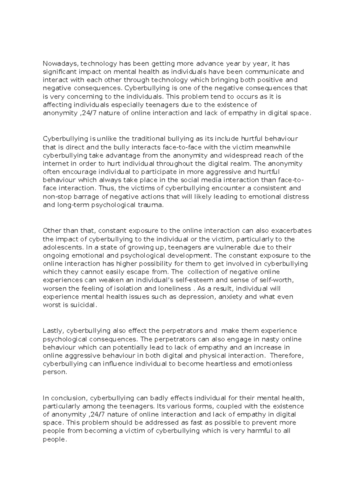 RTA 101: The Impact of Cyberbullying on Teen Mental Health - Studocu