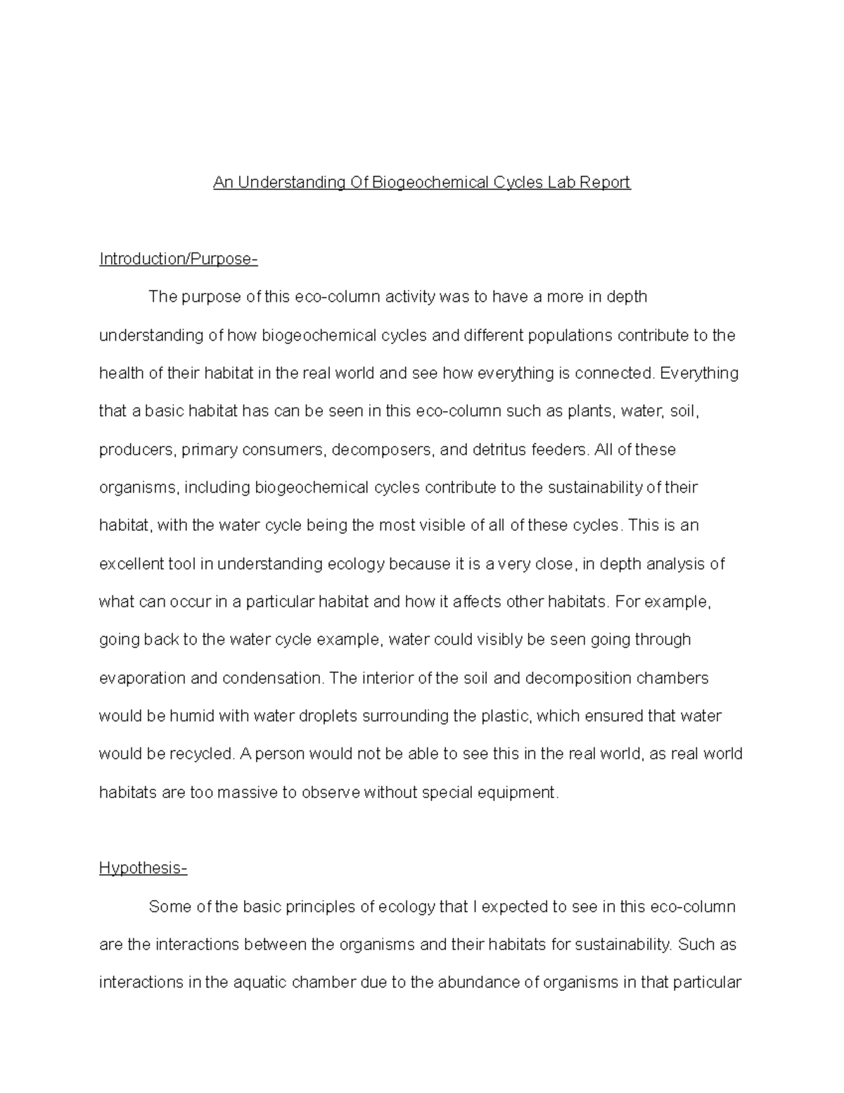 Eco-Column LAB REPORT - An Understanding Of Biogeochemical Cycles Lab ...