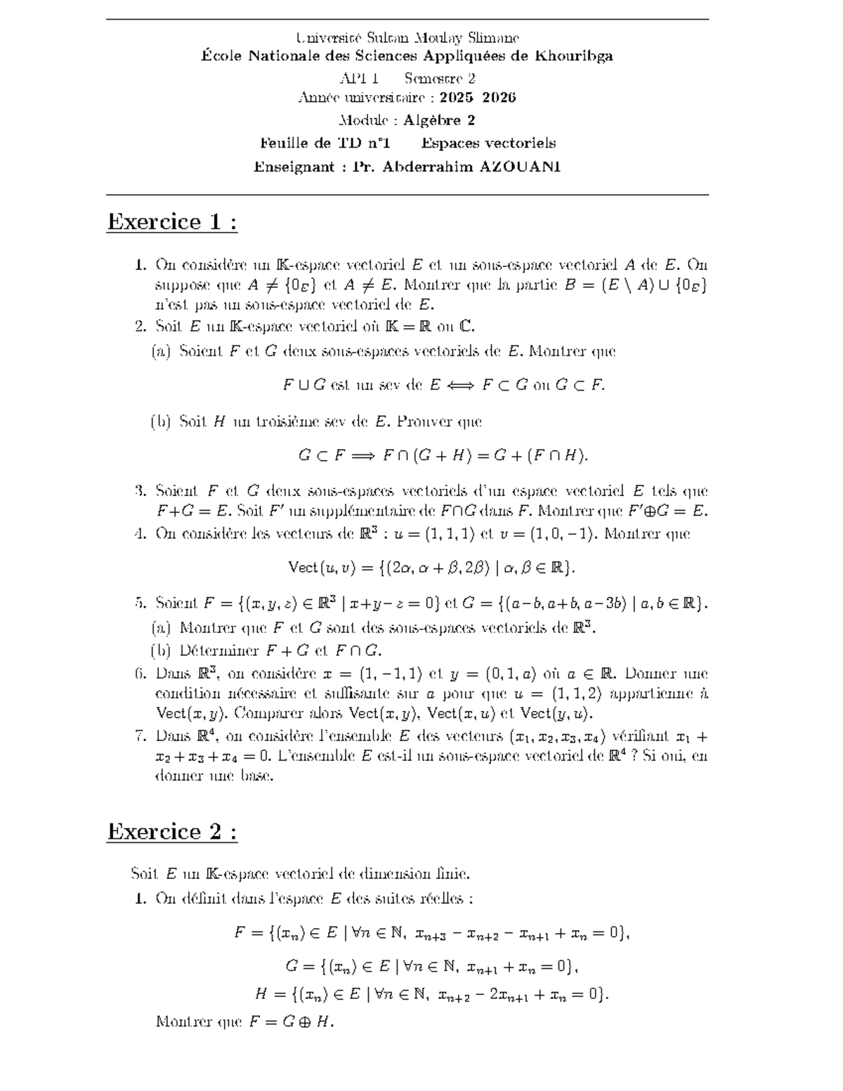 TD1 Algèbre 2 2025-26 - Espaces Vectoriels Exercice et Solutions - Studocu