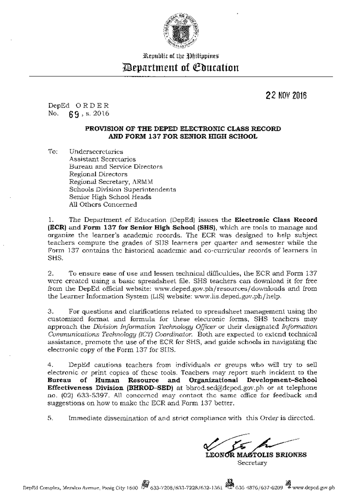 DepEd Electronic Class Record & Form 137 for SHS Guidelines - Studocu