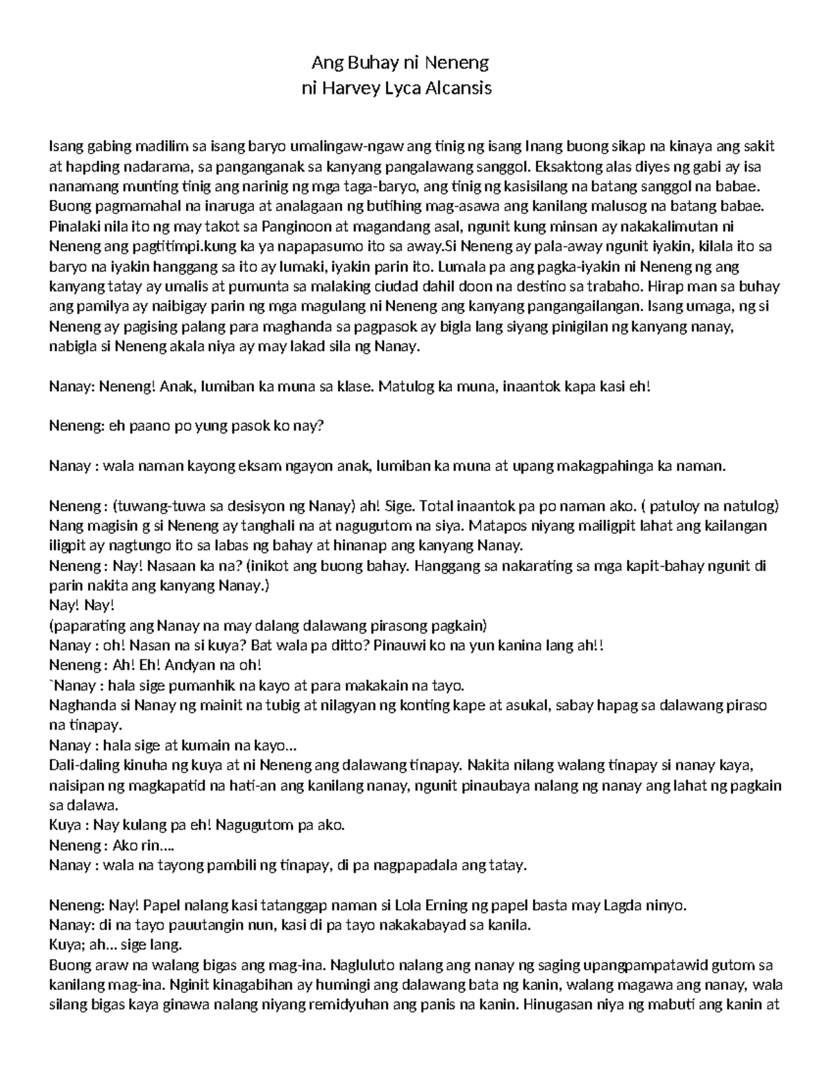 Maikling Kwento: Ang Buhay ni Neneng at ang Pagsubok ng Pamilya - Studocu