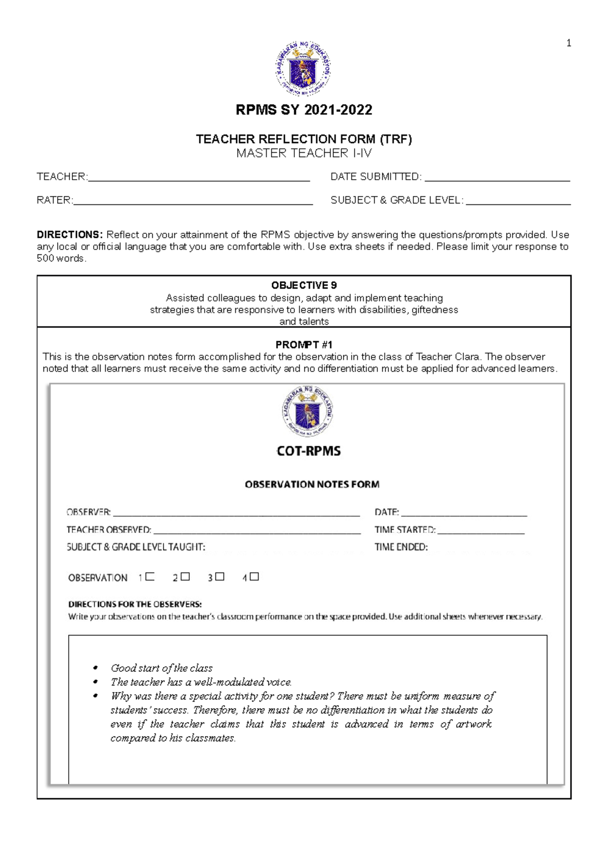 TRF FOR Master Teacher - RPMS SY 2021- TEACHER REFLECTION FORM (TRF ...