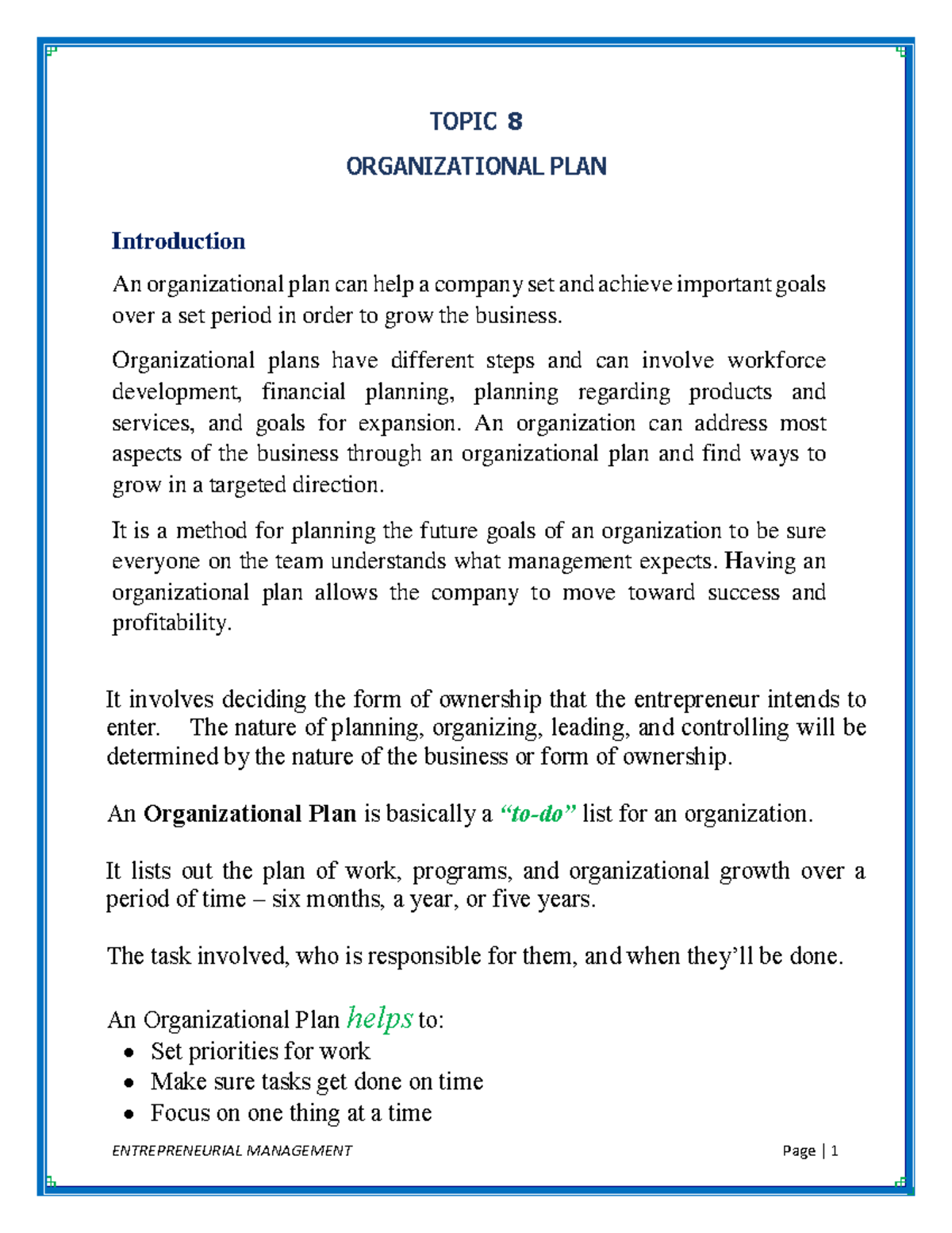 ENT 101: Organizational Plan Overview and Key Steps - Studocu