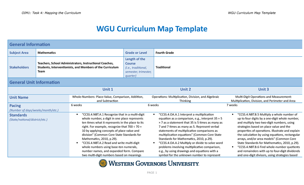 WGU Curriculum Map D183 Task 4 - WGU Curriculum Map Template General ...