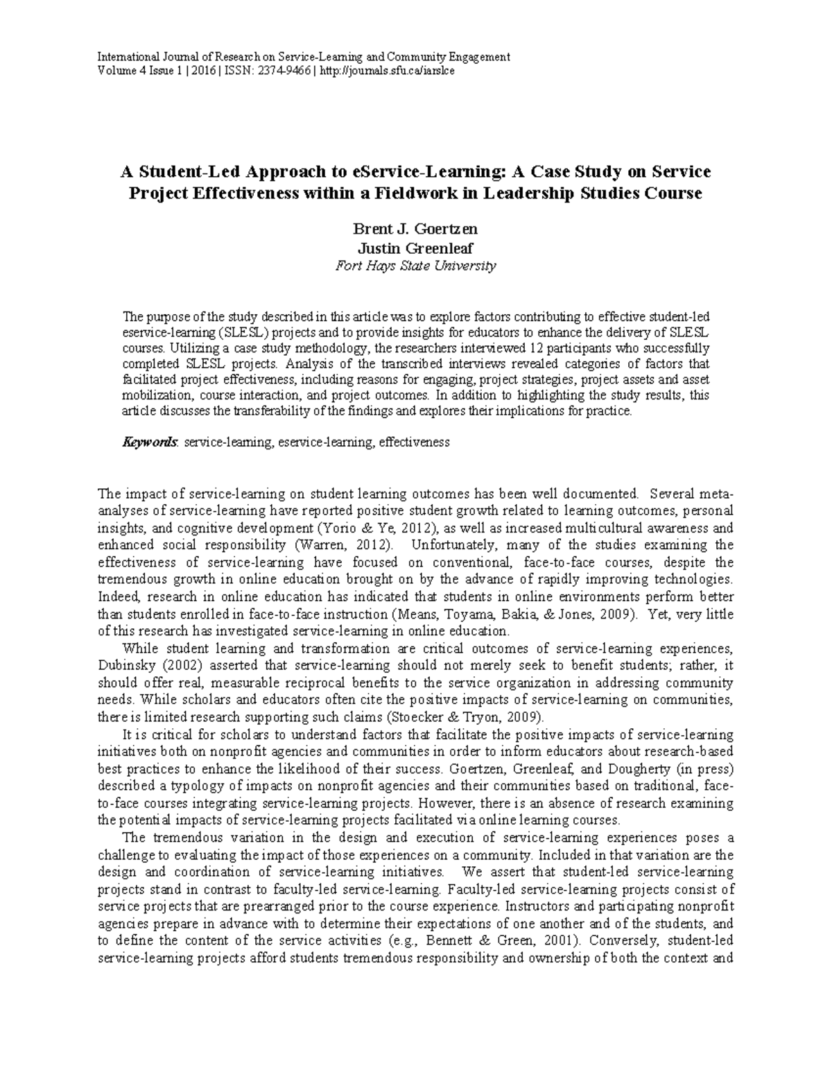 Case Study on Service Project Effectiveness in Leadership Studies ...