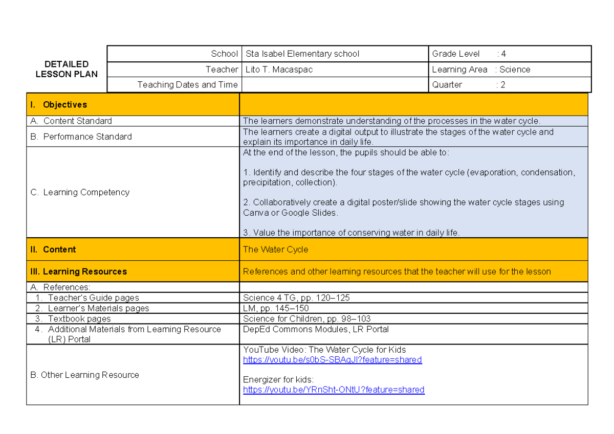 Detailed Lesson Plan: Water Cycle for Grade 4 Science (Quarter 4) - Studocu