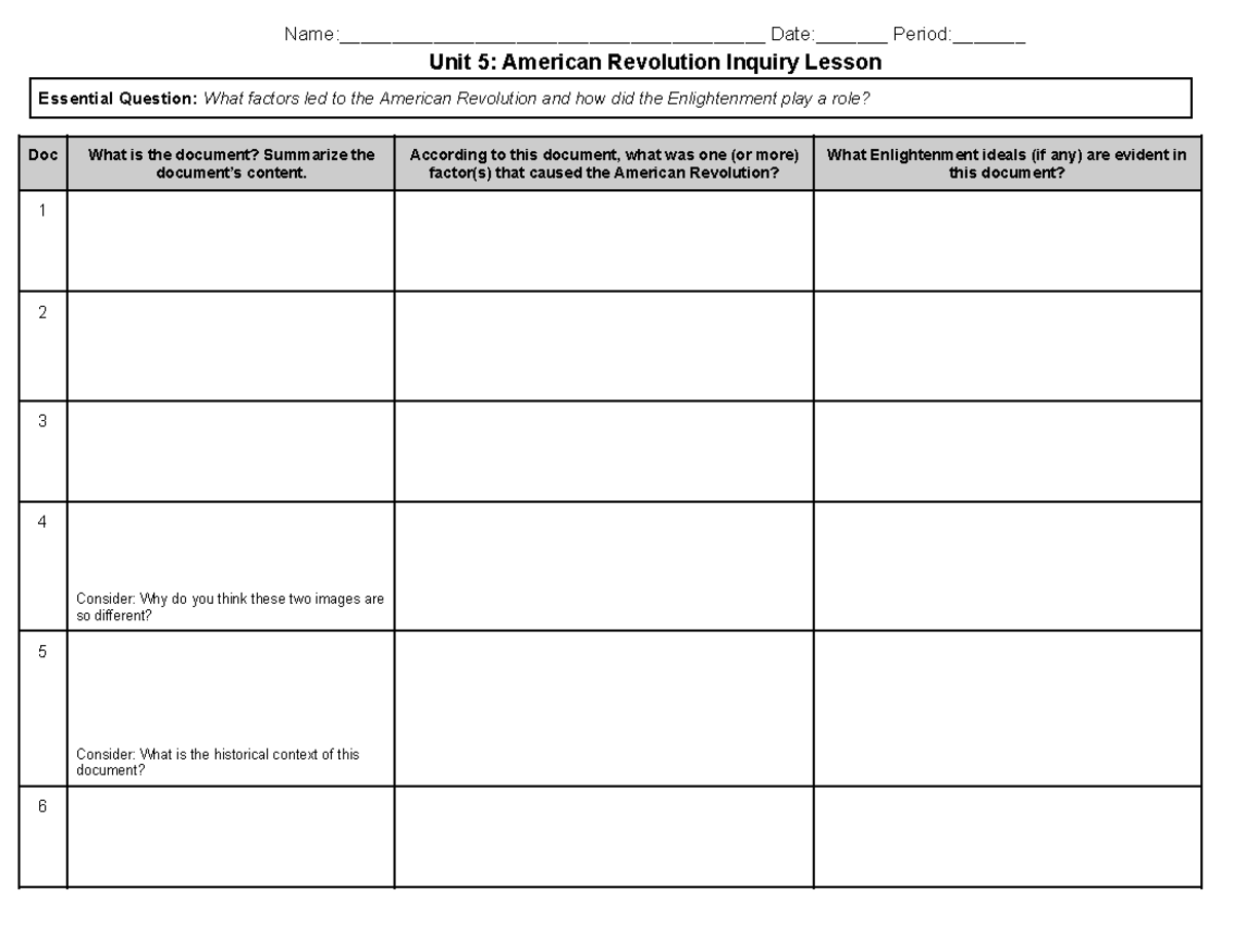 Unit 5 American Revolution Inquiry Lesson - Name