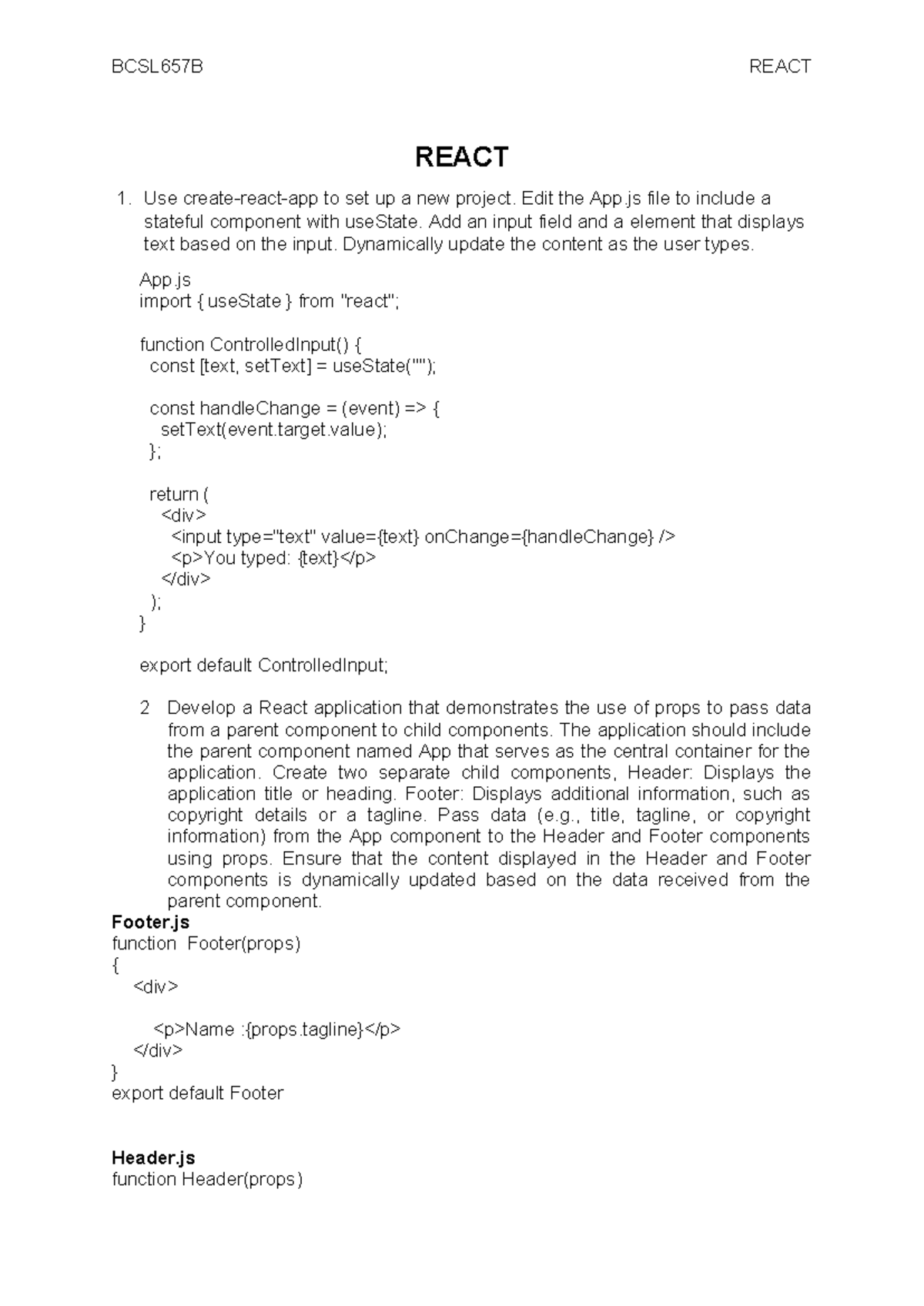BCSL657B REACT Lab Manual: Project Setup, Components, and Routing Guide - Studocu