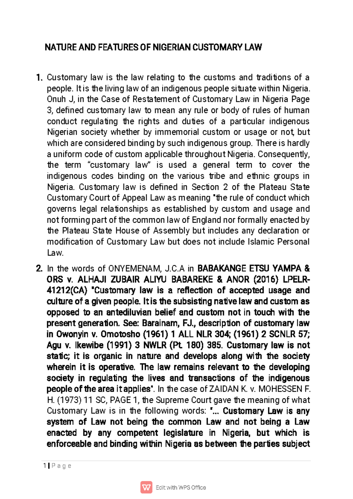 Nature AND Features OF Customary LAW ( Working Version) - NATURE AND ...