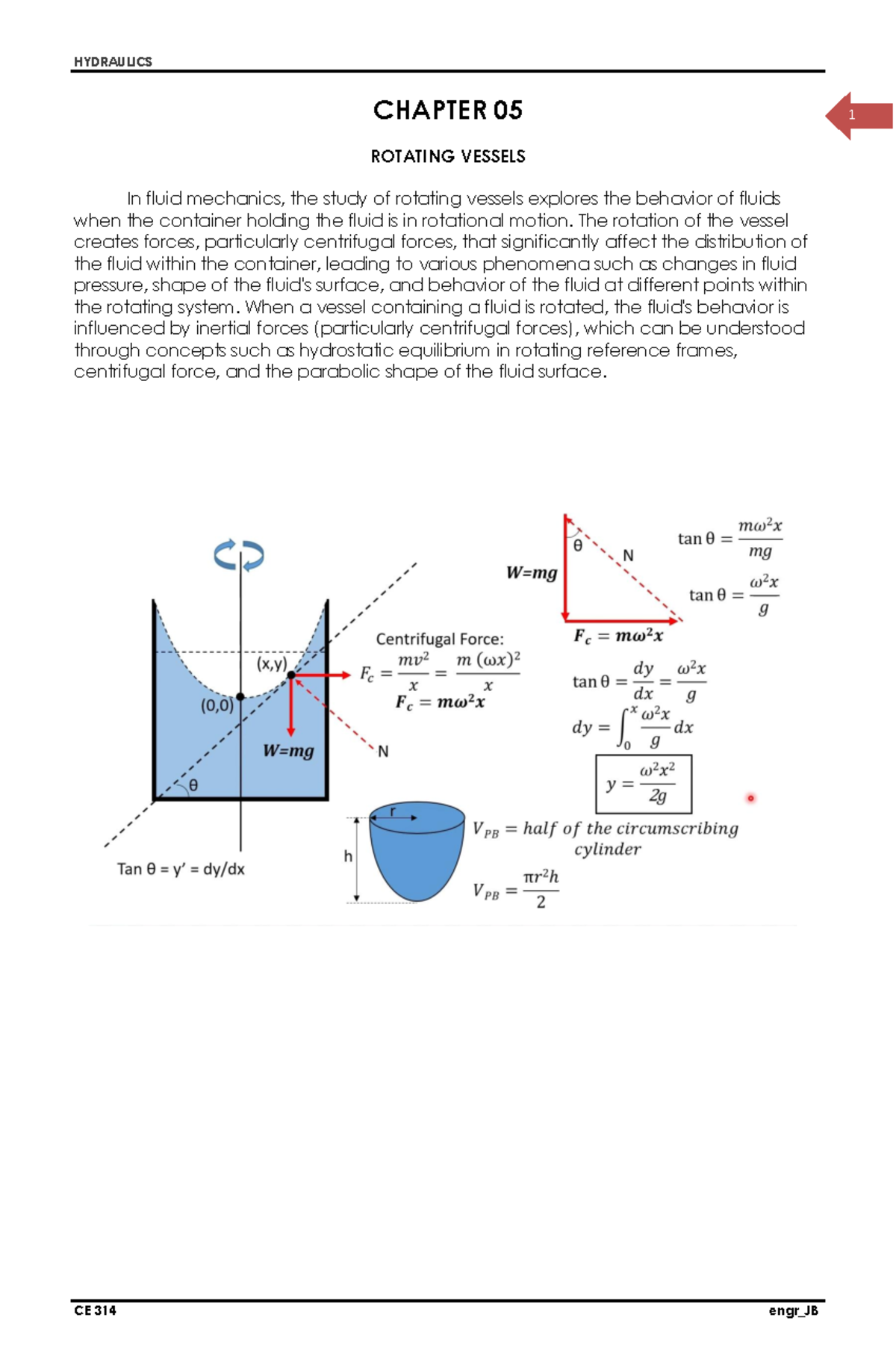 CE 314 Hydraulics Chapter 05: Behavior of Rotating Vessels - Studocu