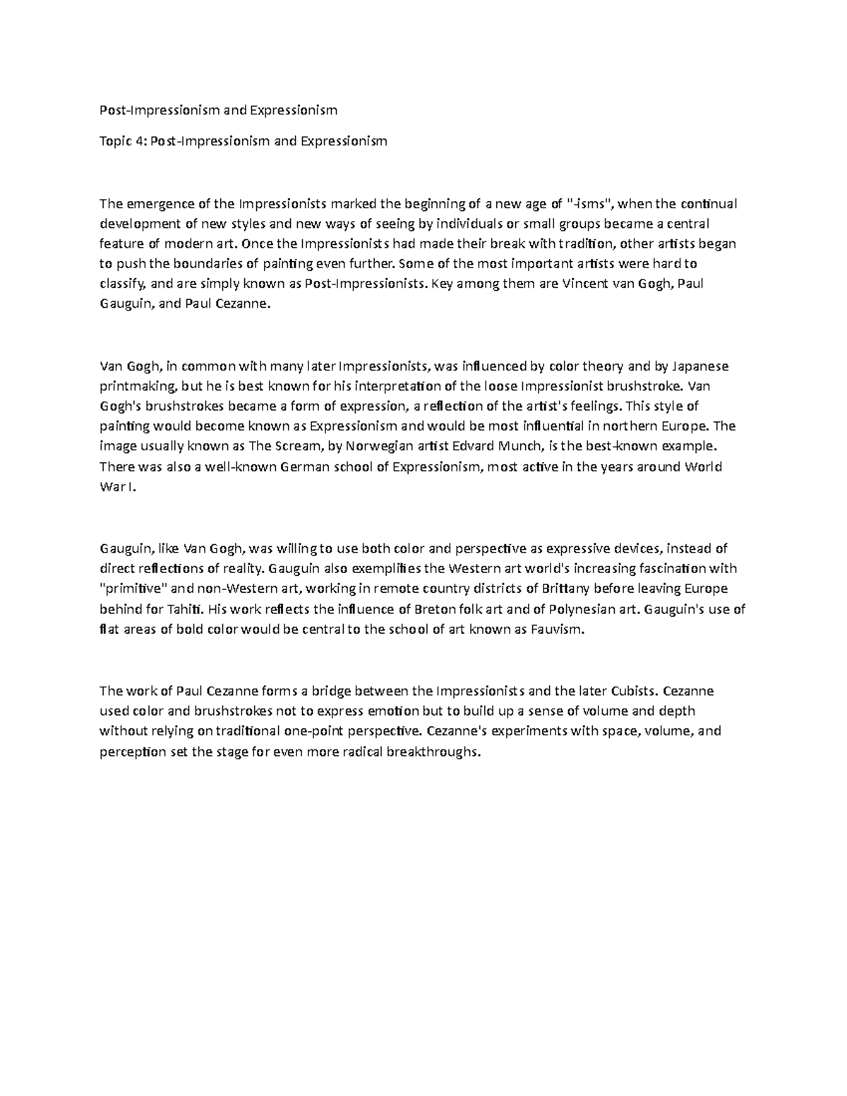 Post-Impressionism & Expressionism - Lecture Notes 18 - Studocu