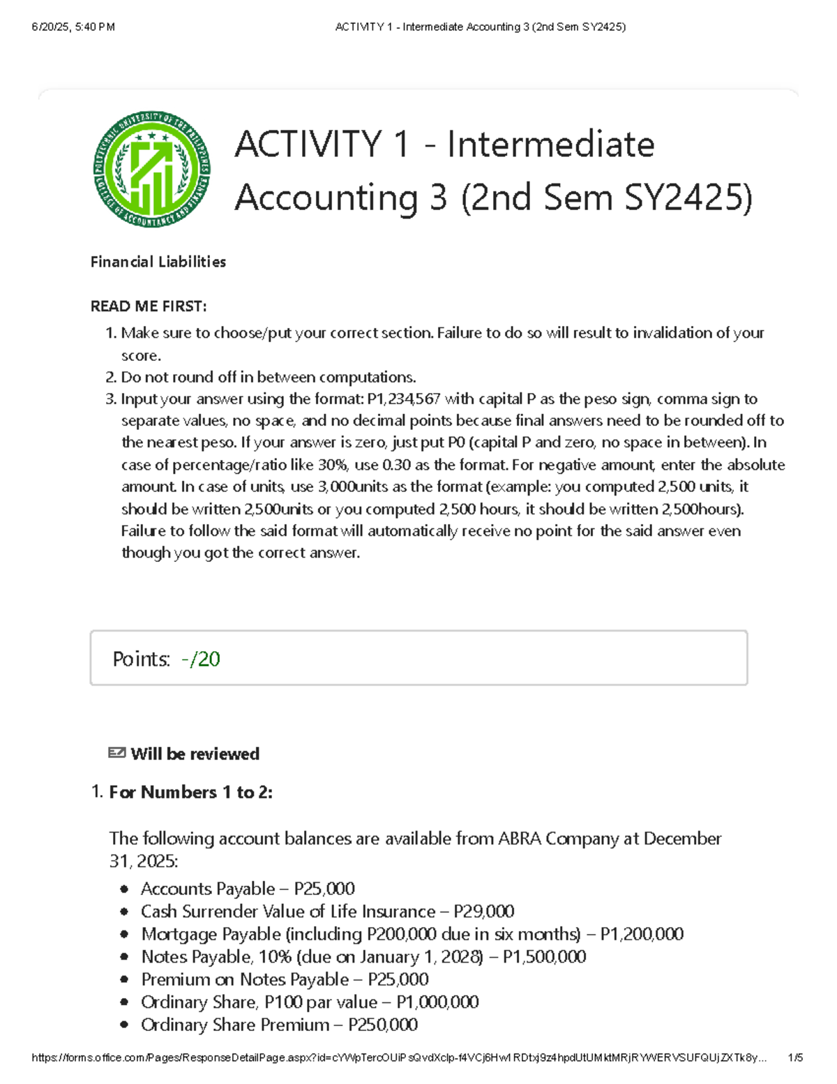 Activity 1: Financial Liabilities in Intermediate Accounting 3 (2nd Sem ...