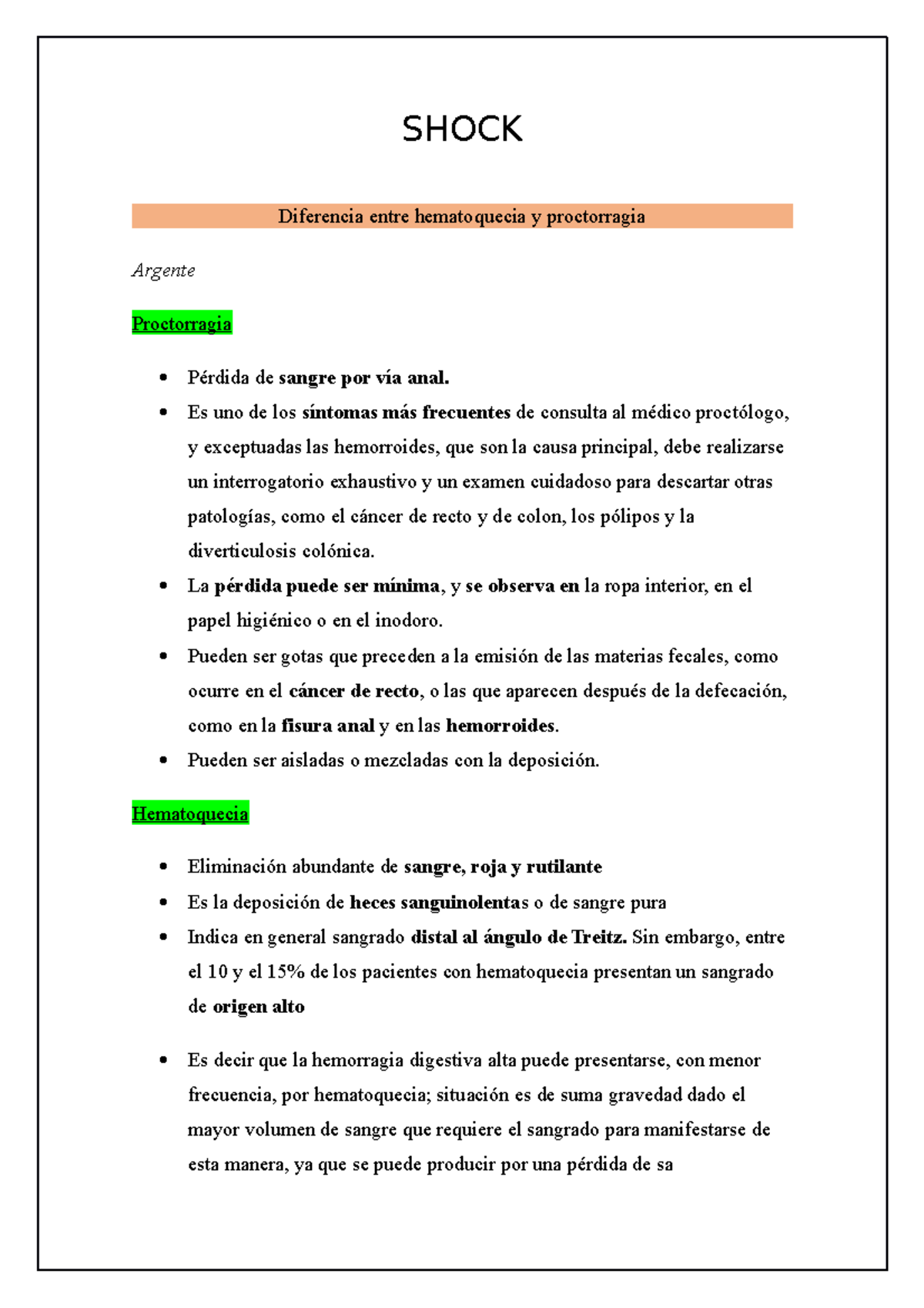 Resumen Shock - SHOCK Diferencia entre hematoquecia y proctorragia ...
